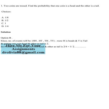 1. Two coins are tossed. Find the probability that one coin is a hea.pdf
