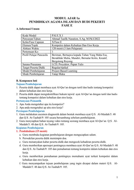 Modul Ajar Al-Qur’an Hadis Kelas 8 Fase D Kurikulum Merdeka | PDF