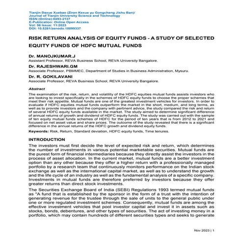 RISK RETURN ANALYSIS OF EQUITY FUNDS - A STUDY OF SELECTED EQUITY FUNDS ...