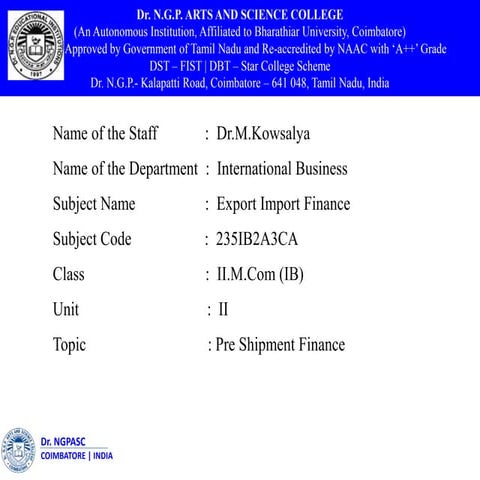 1. Pre Shipment Finance and types of pre shipment finance .pptx