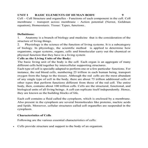 BASIC ELEMENTS OF HUMAN BODY 9 Cell – Cell Structure and organelles ...