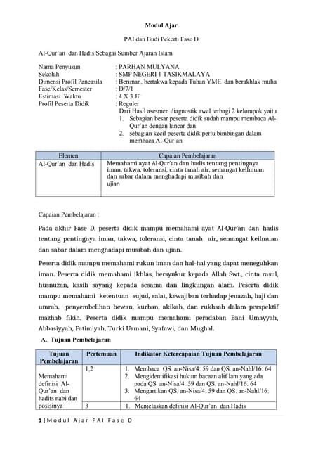 Modul Ajar PAI SMP Kelas 7 Kurikulum Merdeka | PDF