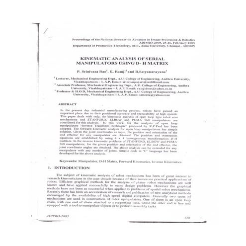 Kinematic analysis of Serial manipulators using D-H matrix | PDF
