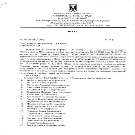 наказ про зарахуваннядо 1 класу kg72 2025 | PDF