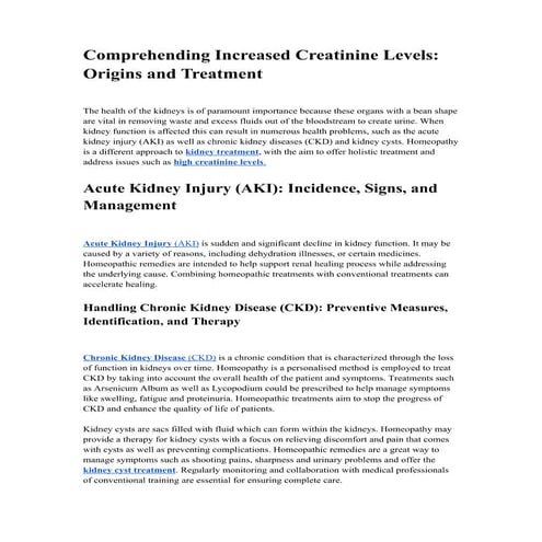 Comprehending Increased Creatinine Levels: Origins and Treatment | PDF