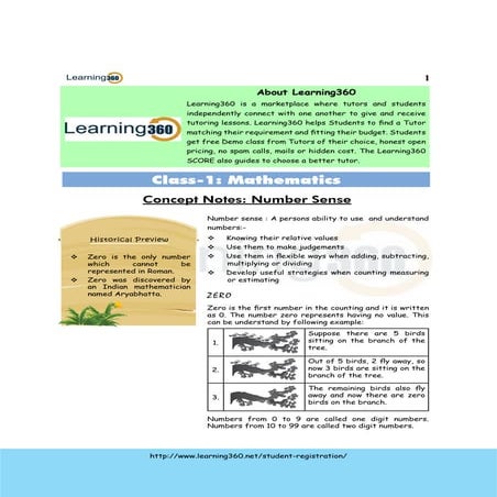 Mathematics Concept Notes with Number Sense for Class - 1 | PDF | Education