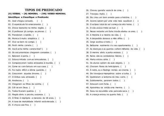 Tipos de sujeito e predicado- exercícios | PDF