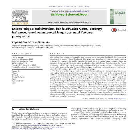Micro - algae cultivation for biofuels: cost, energy balance, environmental impacts and future ...