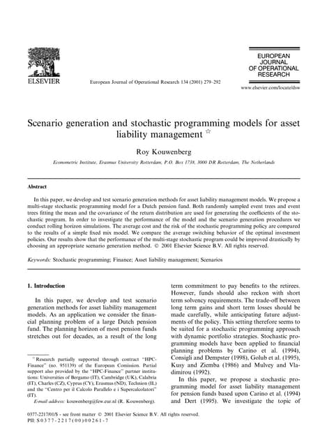 Scenario Generation And Stochastic Programming Models For Asset