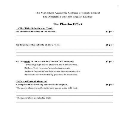 אנגלית מתקדמים 1 בסיוע מחשב the placebo effect | PDF