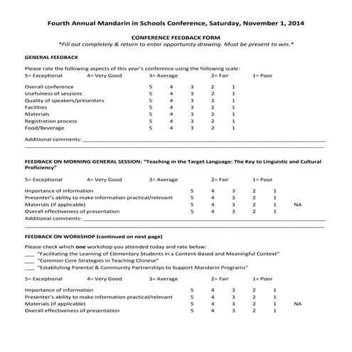 2014 Mandarin in Schools Conference Evaluation Form | DOCX