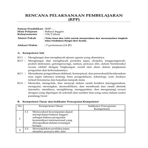 RPP Describing things - Kurikulum 2013 Bahasa Inggris SMP/MTs | DOCX