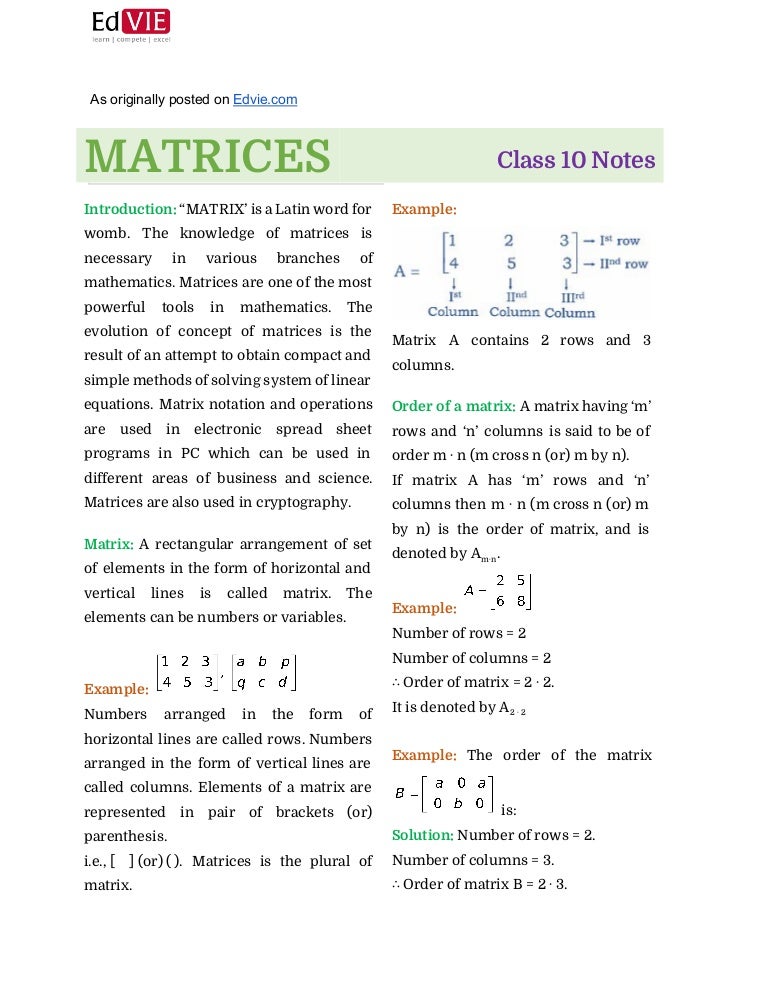 Mathematics Matrices Topic - CBSE Class 10