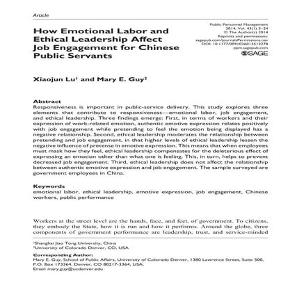 How Emotional Labor and Ethical Leadership affect Job Engagement for ...