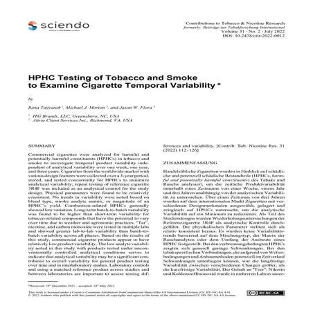 HPHC Testing of Tobacco and Smoke to Examine Cigarette Temporal ...
