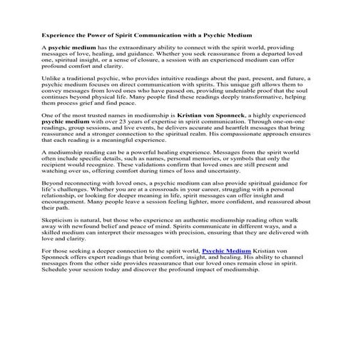 Experience The Power Of Spirit Communication With A Psychic Medium Pdf