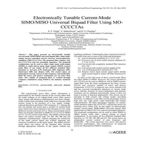 Electronically Tunable Current-Mode SIMO/MISO Universal Biquad Filter Using MOCCCCTAs | PDF