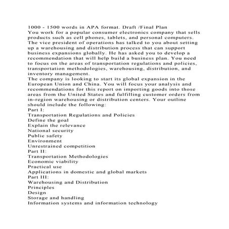 1000 - 1500 words in APA format. Draft Final PlanYou work for a p.docx