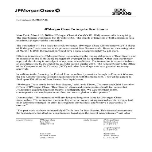 JPMorgan Chase Conference Call on Acquisition of Bear Stearns | PDF