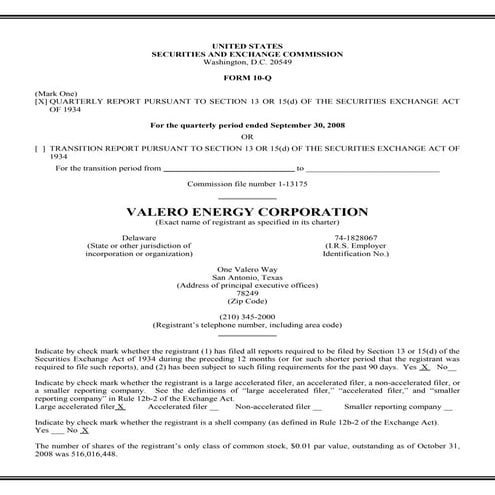 valero energy Quarterly and Other SEC Reports 2008 3rd | PDF | Stocks and Bonds | Personal Investing
