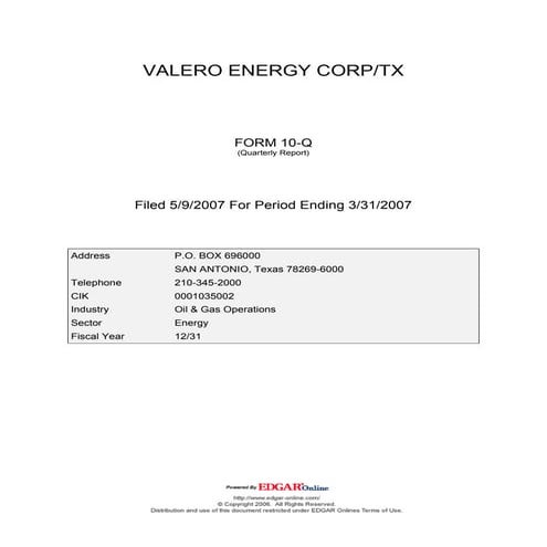 valero energy Quarterly and Other SEC Reports 2007 1st | PDF | Stocks ...