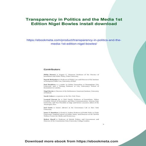 Transparency in Politics and the Media 1st Edition Nigel Bowles | PDF