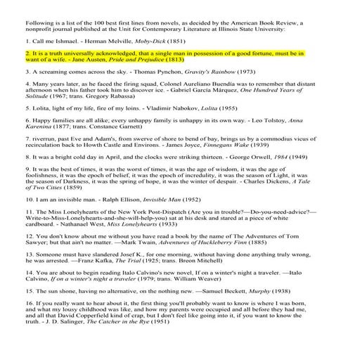 100 best first lines from novels | DOC | Fiction | Books and Literature