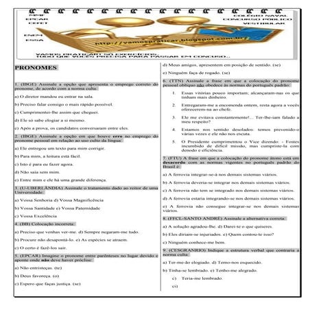 100 EXERCÍCIOS DE PRONOMES | DOC