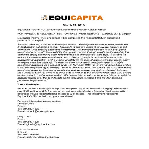 Equicapita Reaches $100M in Subscribed Trust Capital | PDF