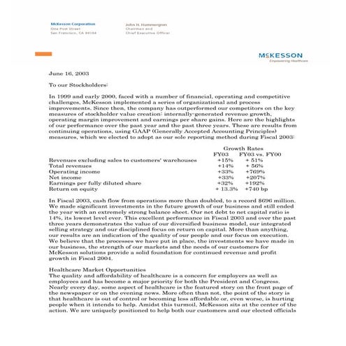 mckesson Letter to Stockholders 2003 | PDF
