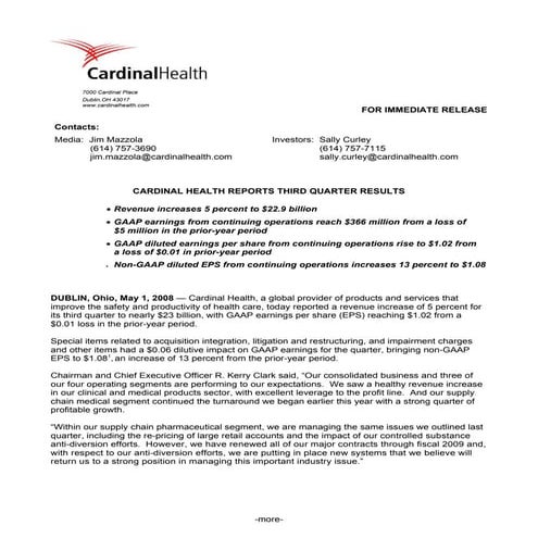 cardinal health Q3 2008 Earnings Release | PDF