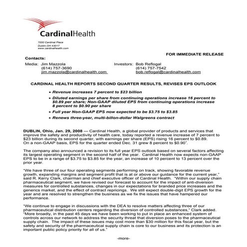 cardinal health Q2 2008 Earnings Release | PDF | Pharmaceutical ...