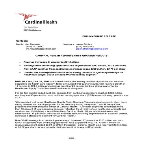 cardinal health 2008 Shareholder Letter | PDF