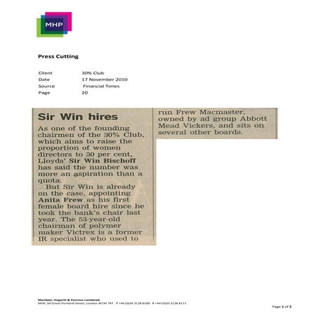 The Daily Telegraph 17th November 2010 "Sir Win is Frew to his word ...
