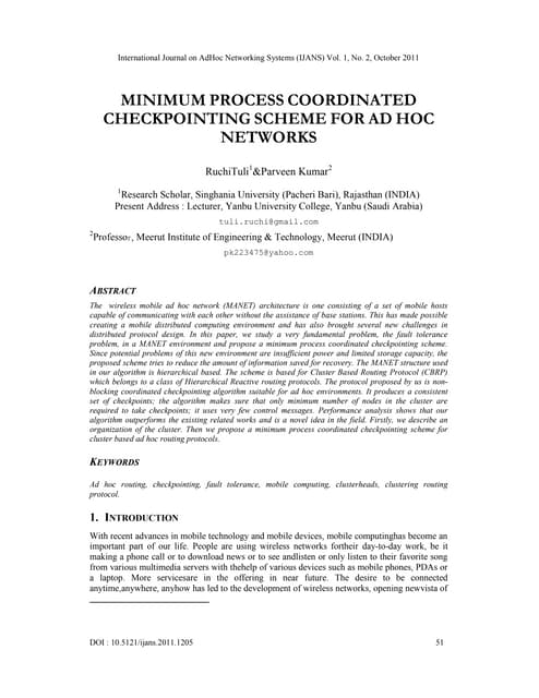 Minimum Process Coordinated Checkpointing Scheme For Ad Hoc Networks Pdf