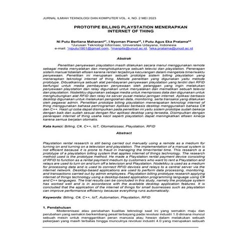 Prototipe billing rental playstation menerapkan internet of thing | PDF