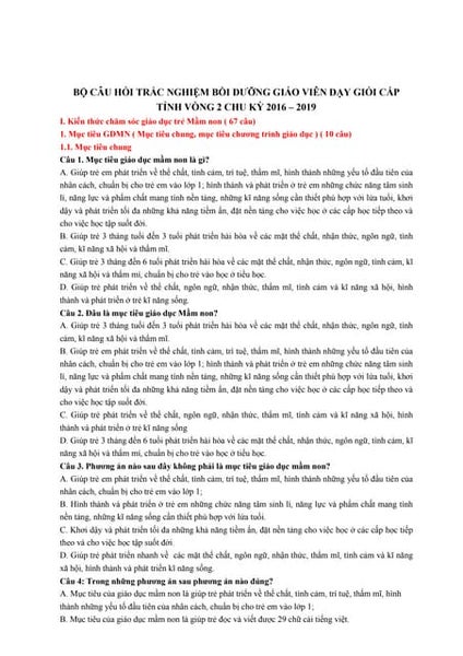Bộ Câu Hỏi Trắc Nghiệm Bồi Dưỡng Giáo Viên Dạy Giỏi Cấp Tỉnh Vòng 2 Chu