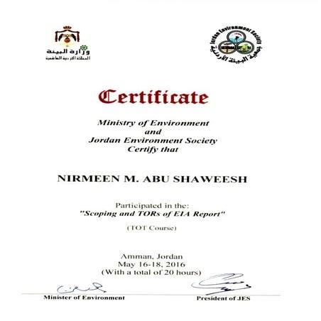 Certificate -Nirmeen -Scoping and ToRs of the EIA | PDF