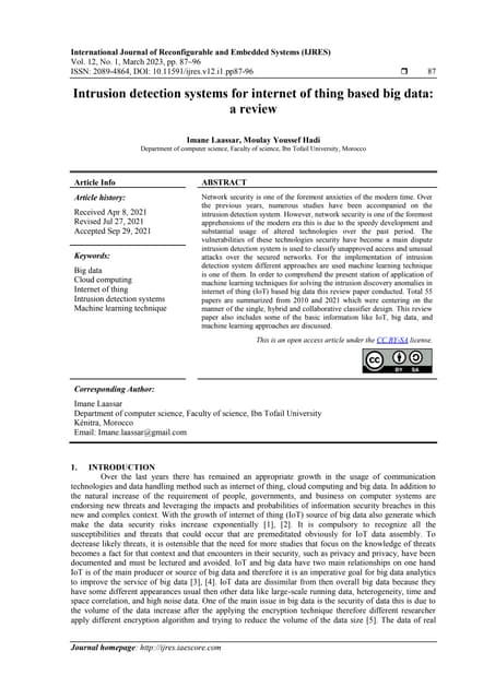 Intrusion Detection Systems For Internet Of Thing Based Big Data A Review Pdf