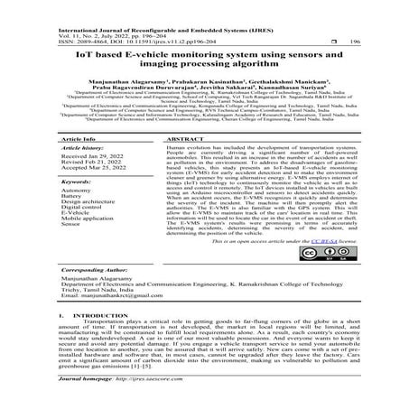 IoT based E-vehicle monitoring system using sensors and imaging processing algorithm | PDF