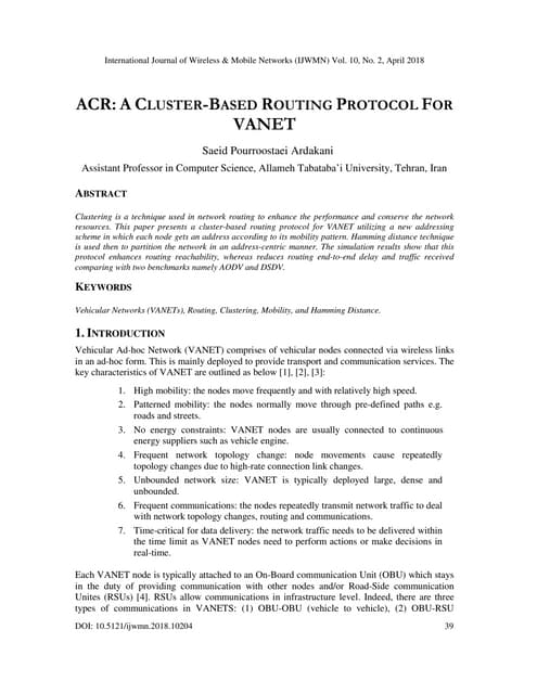 Acr A Cluster Based Routing Protocol For Vanet Pdf