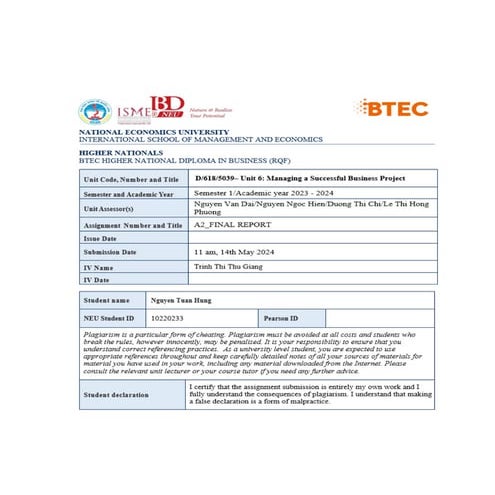 Manage a successfull business project assignment | PDF