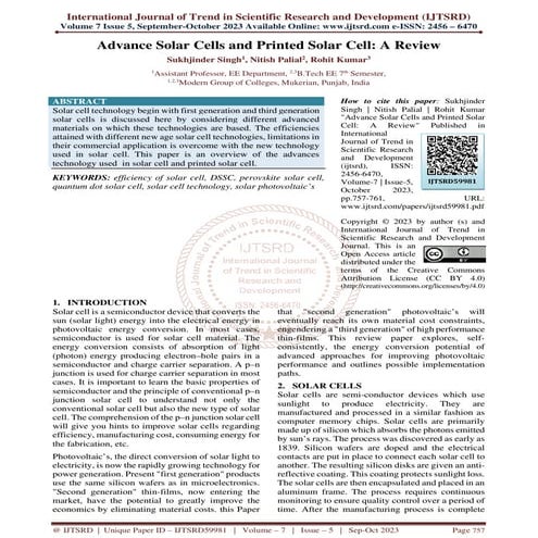 Advance Solar Cells and Printed Solar Cell A Review | PDF