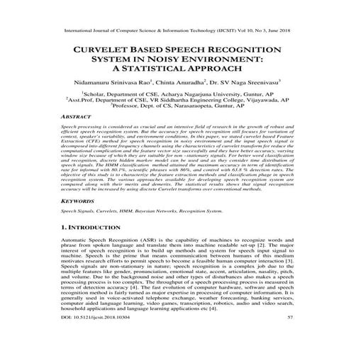 CURVELET BASED SPEECH RECOGNITION SYSTEM IN NOISY ENVIRONMENT: A STATISTICAL APPROACH | PDF