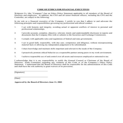 walgreen Code of Ethics for Financial Executives | PDF