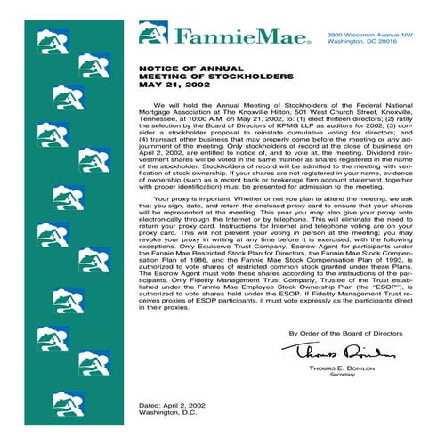 fannie mae Proxy Statement 2001 | PDF