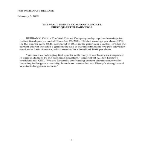 walt disney Fiscal Year 2009 First Quarter | PDF