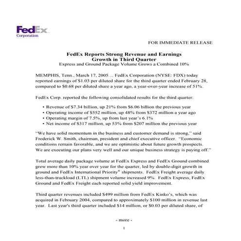 FedEx Reports Strong Revenue and Earnings Growth in Third Quarter Mar ...