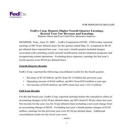 View Summary FedEx Corp. Reports Higher Fourth Quarter Earnings, Record ...