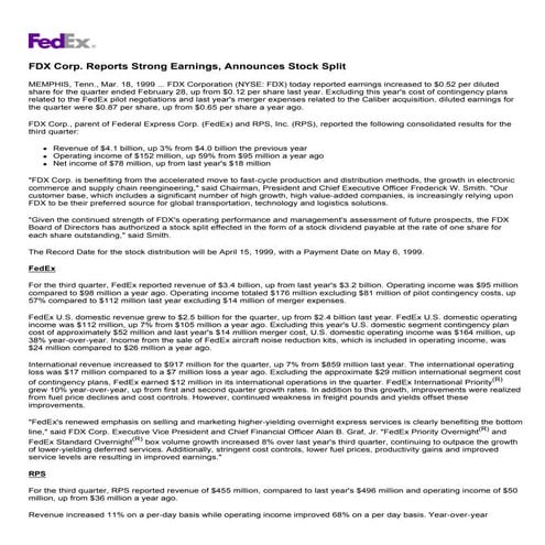 FDX Corp. Reports Strong Earnings, Announces Stock Split Mar 18, 1999 ...